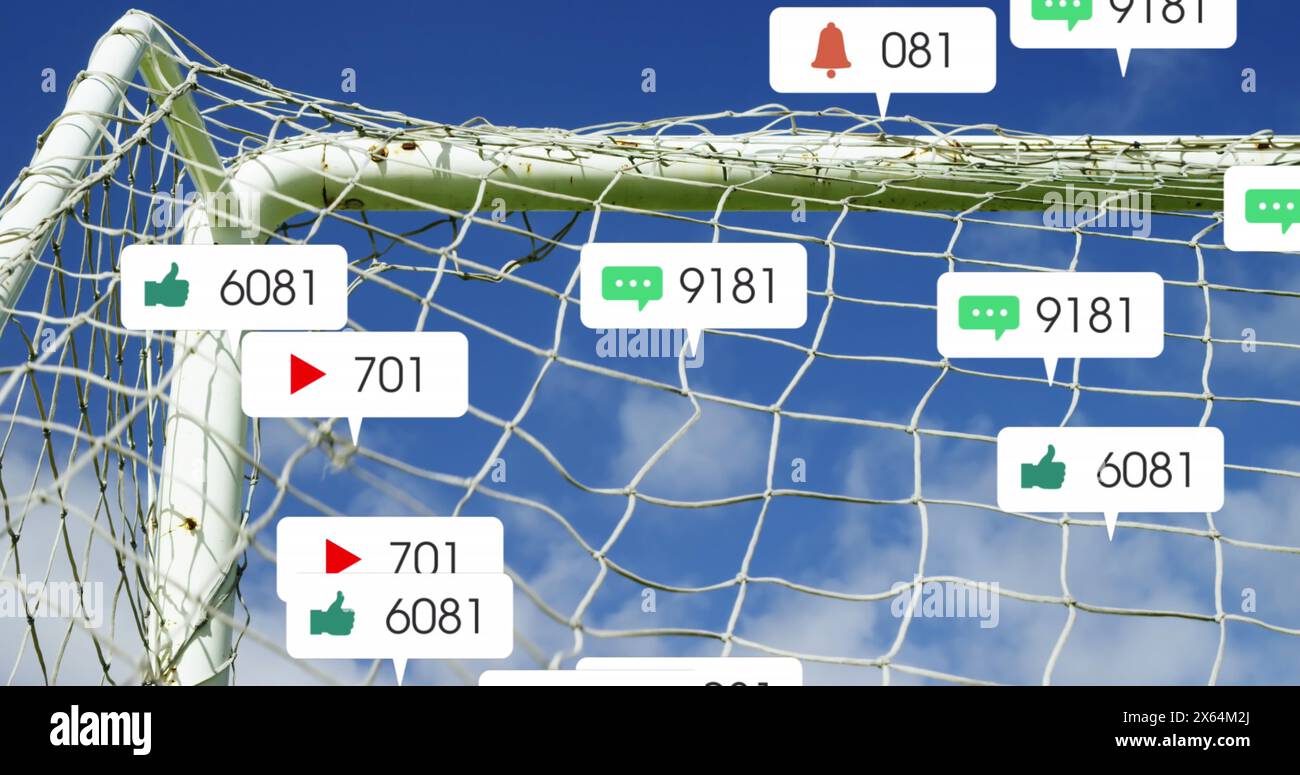 Image of social media icons floating against close up of a goal post ...