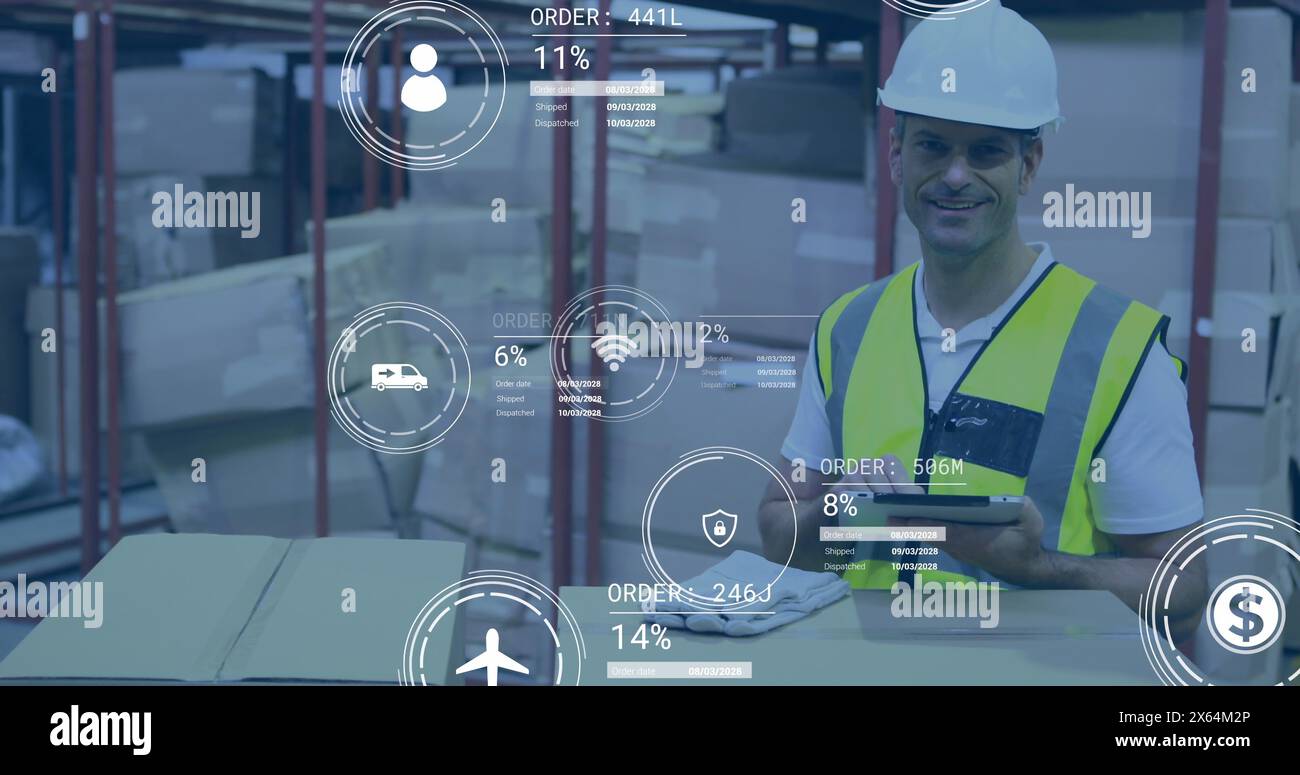 Image of data processing against caucasian male worker using tablet ...
