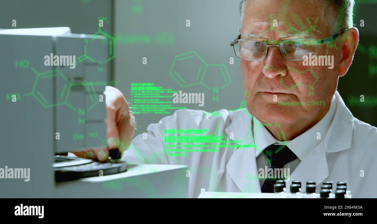 Image of data processing over caucasian male scientist using centrifuge ...