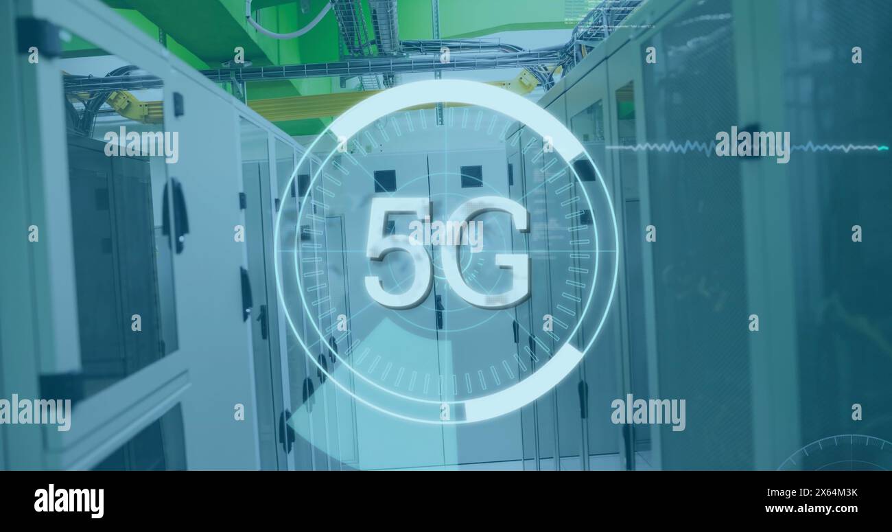 Image of 5g text over round scanner and data processing against computer server room Stock Photo ...