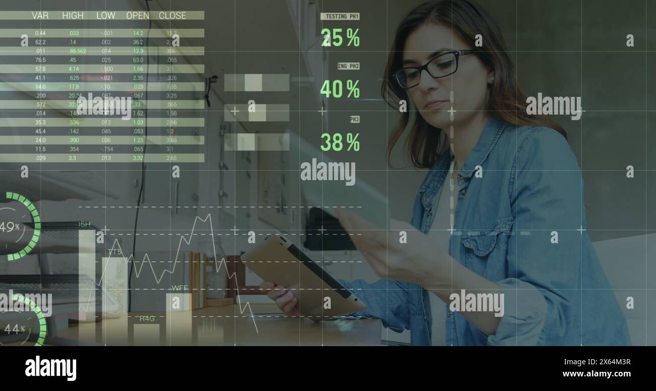 Image of statistical data processing on caucasian woman reading ...