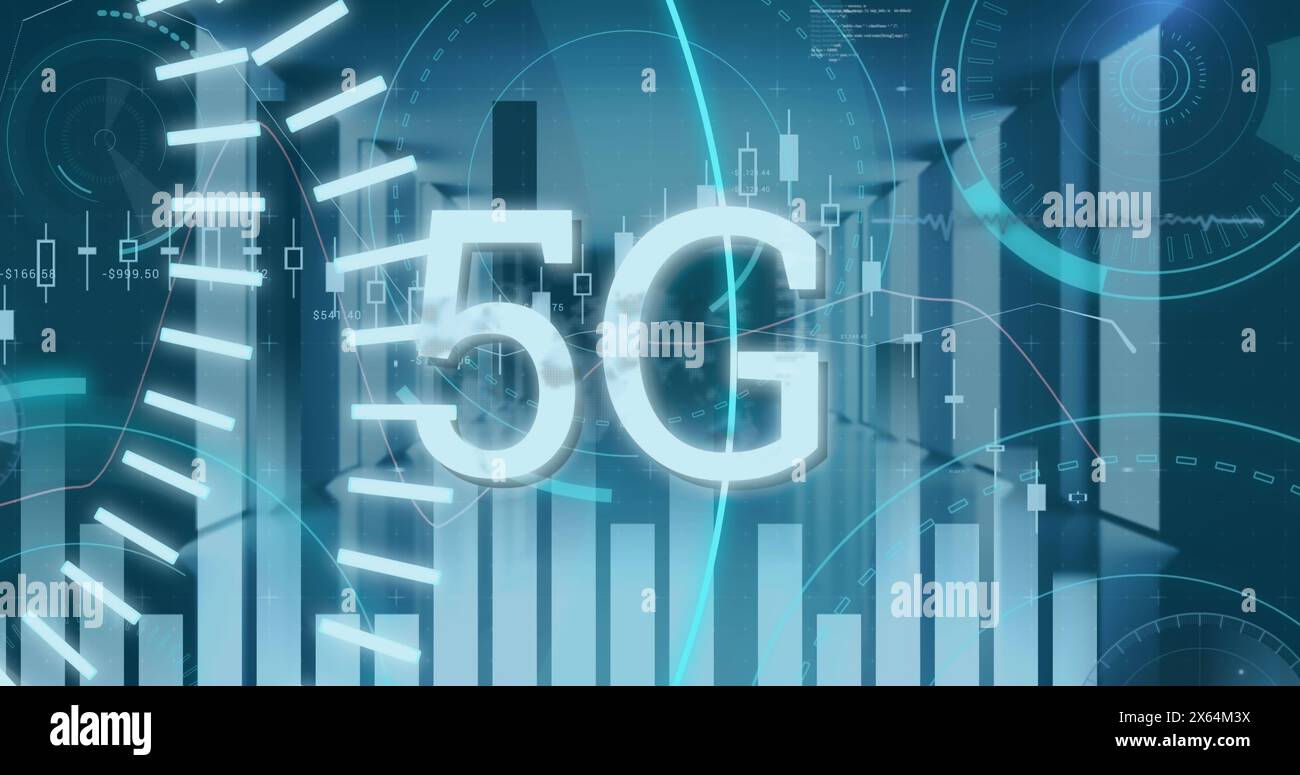 Image of 5g text, round scanners and statistical data processing against computer server room ...