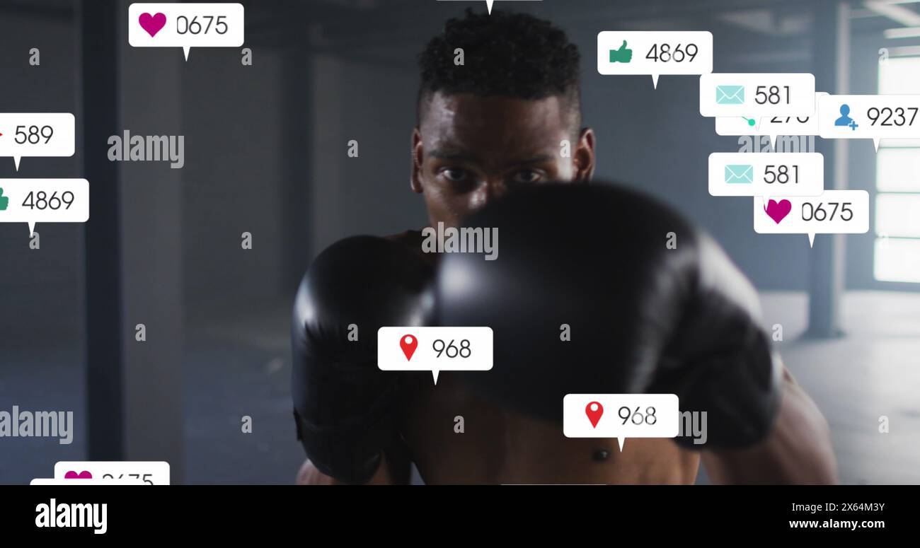 Image of falling notification bars over african american boxer ...