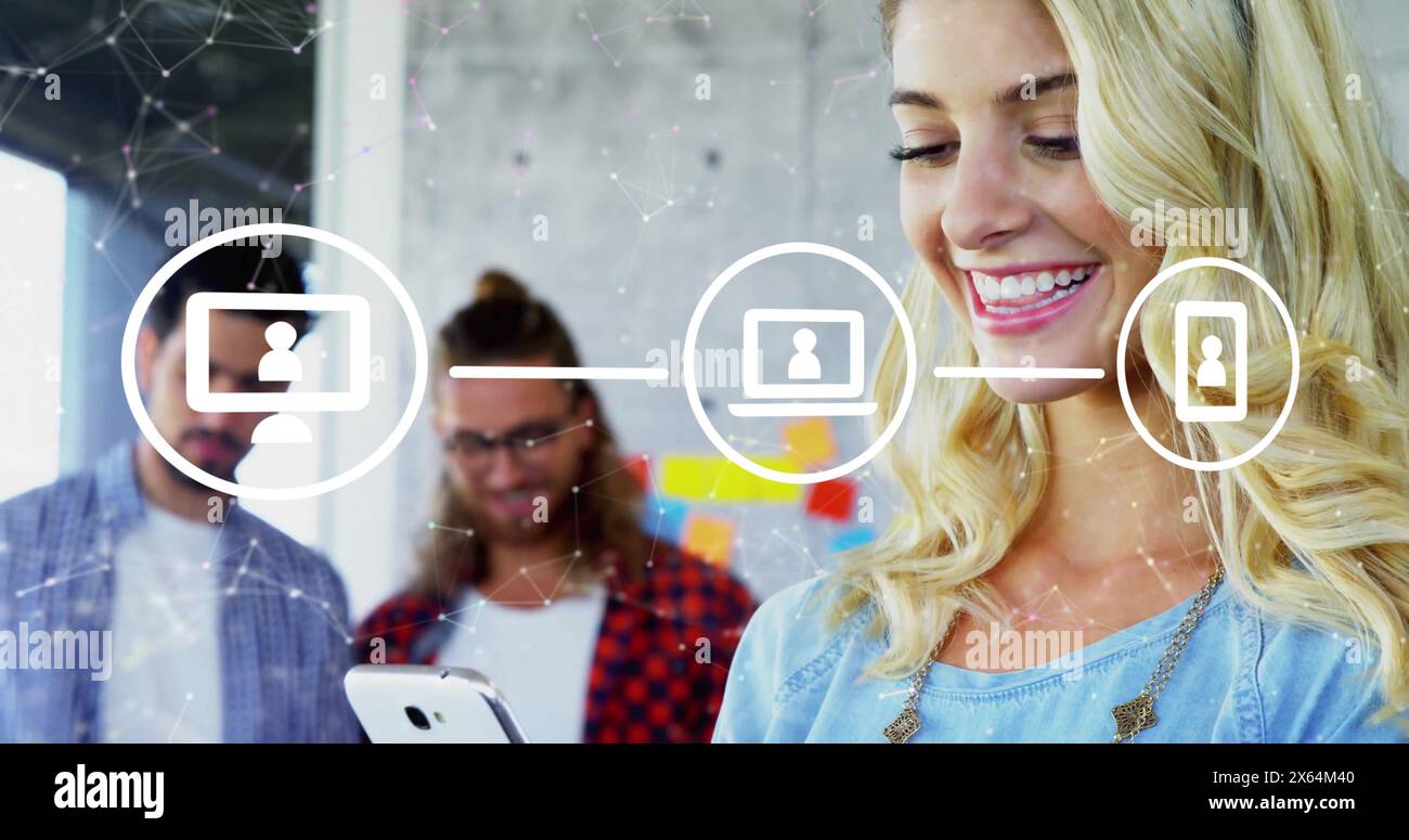 Image of flowchart and connected icons over beautiful caucasian woman ...