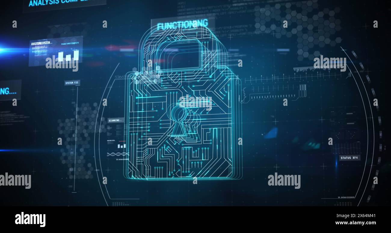 Image Of Scope Scanning Over Security Padlock Icon And Data Processing