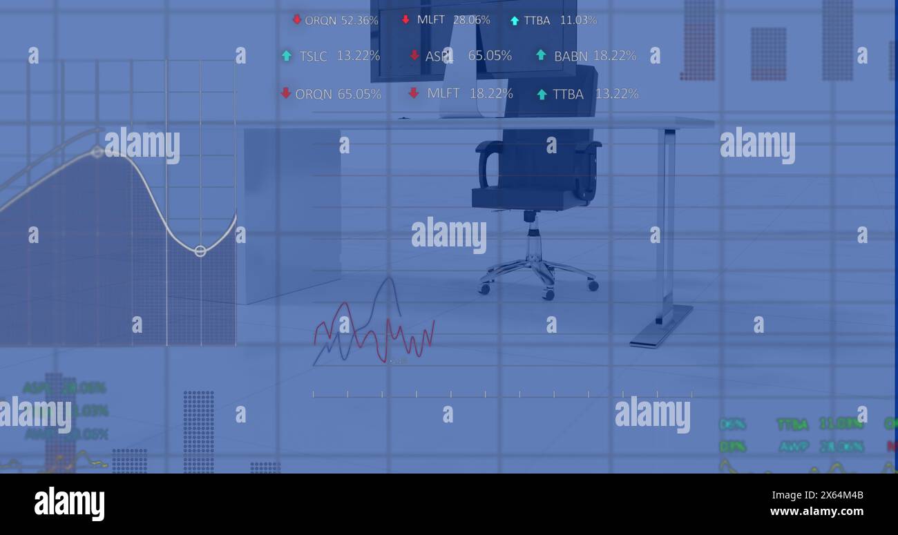 Image of multiple graphs and trading board over chair and desktop ...