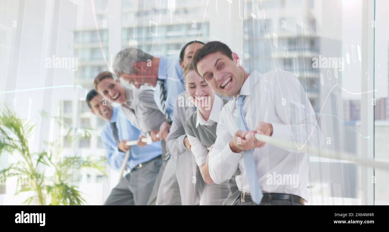 Image of multiple graphs over diverse coworkers pulling rope and ...