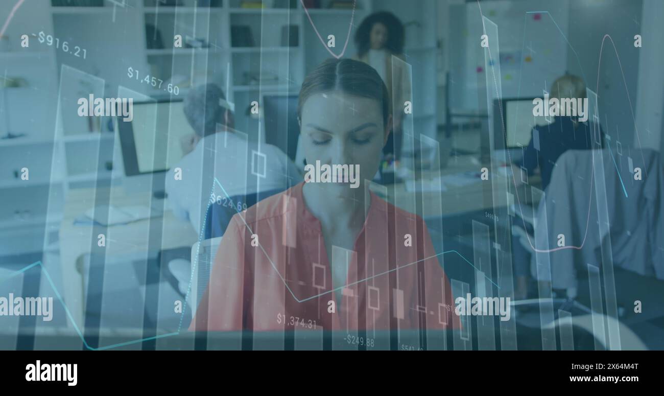 Image of multiple graphs with changing numbers over caucasian woman ...