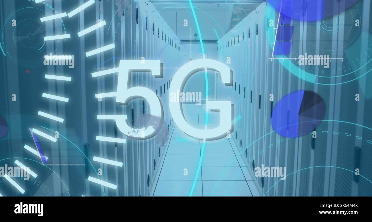Image of 5g text, round scanners and statistical data processing against computer server room ...