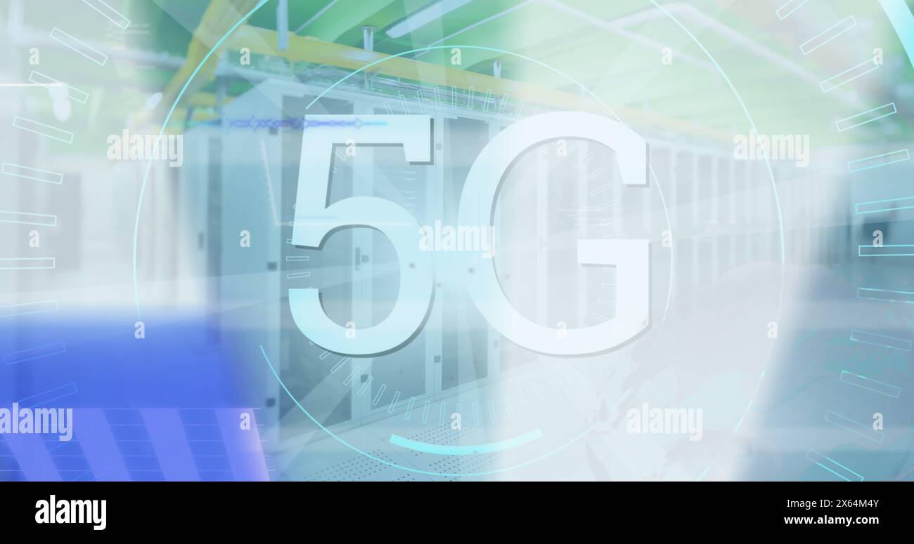 Image of 5g text over spinning round scanner, light spot and data processing against server room ...
