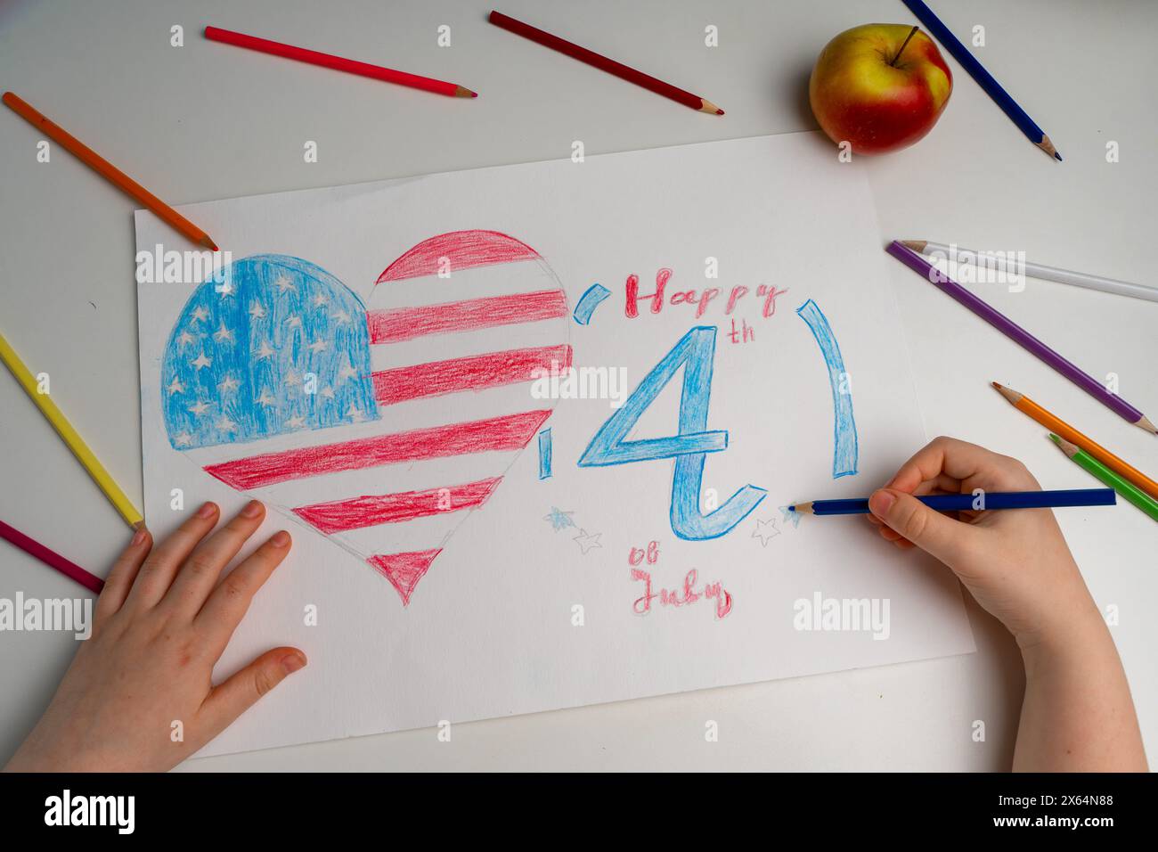 The American flag is drawn with pencils by children's hands. Children's ...