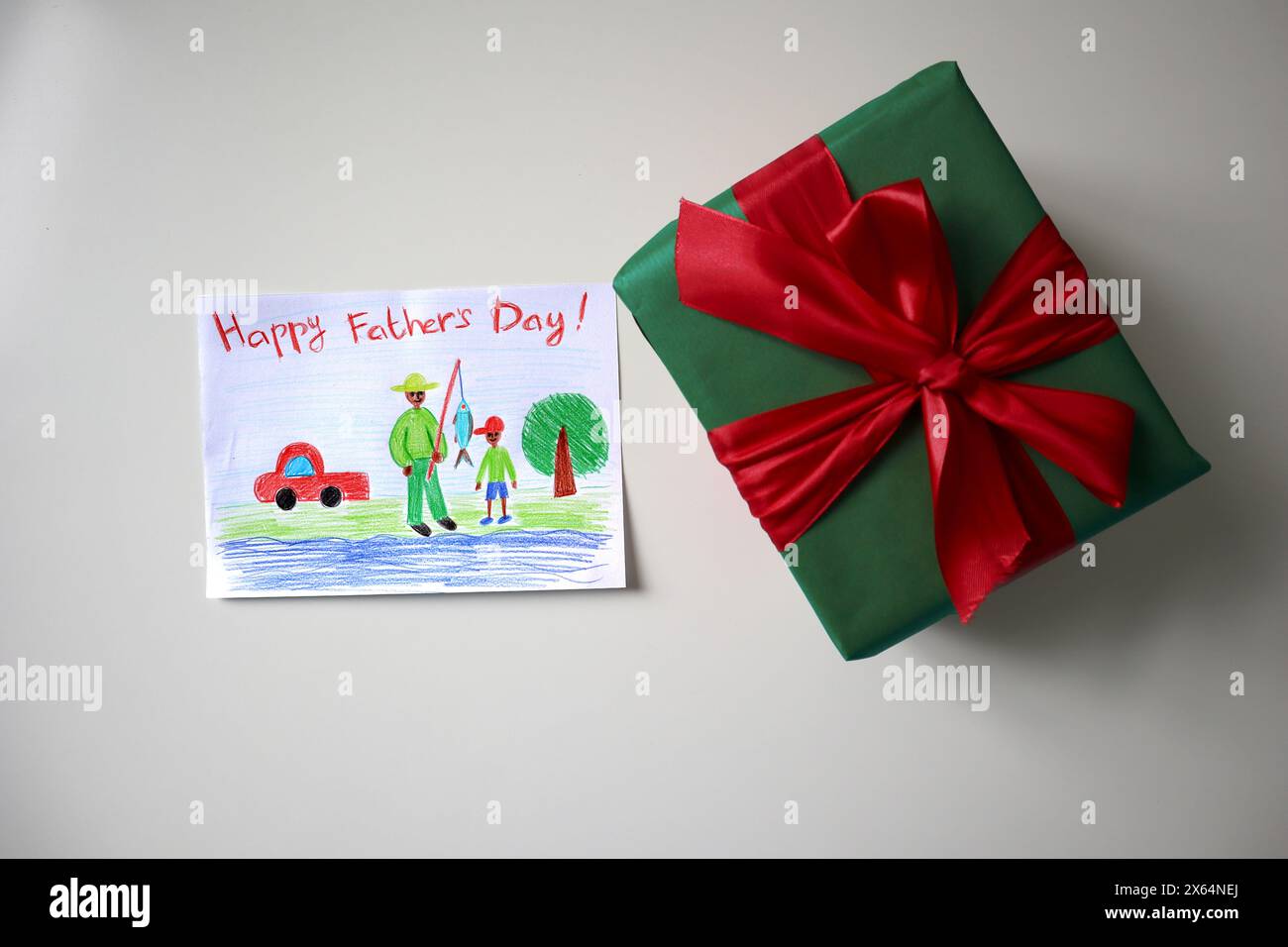 Father's Day Photo of a postcard drawn by a child. A gift of green ...