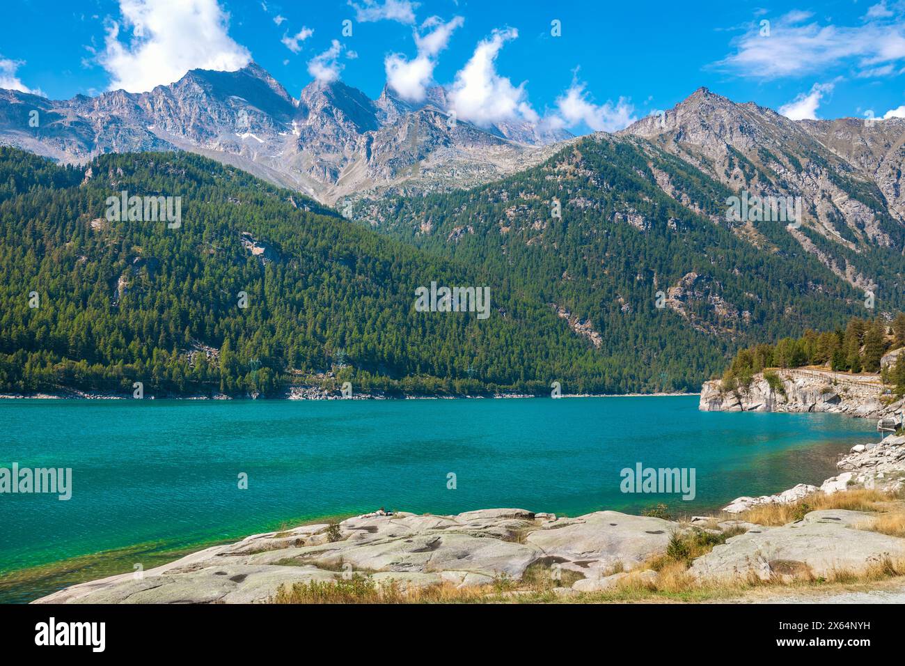 View of the alpine lake of Ceresole Reale and mountains under beautiful ...
