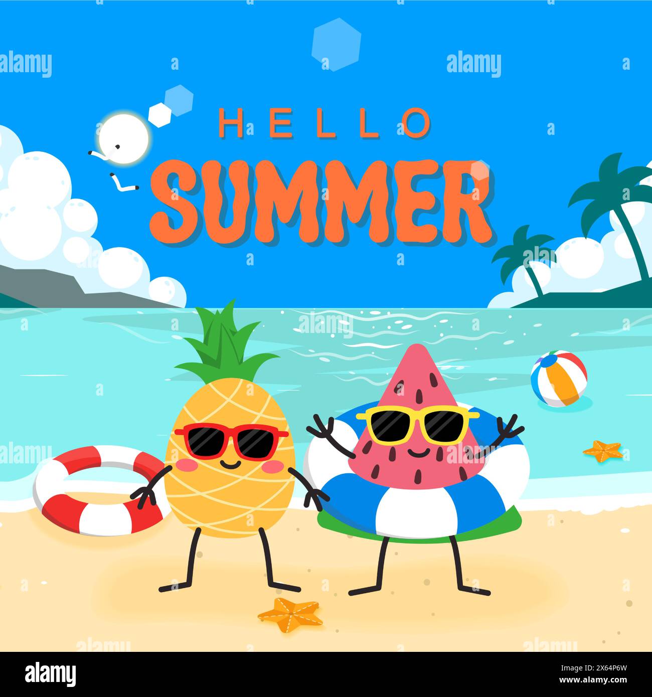Hello Summer with cute watermelon and pineapple character enjoying ...