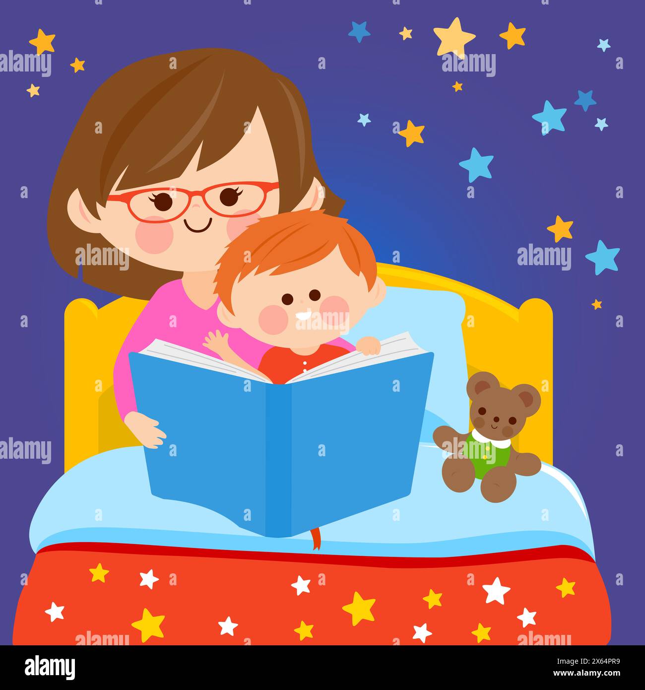 Family reading a book in bed. Mother reads a story book to her son at ...