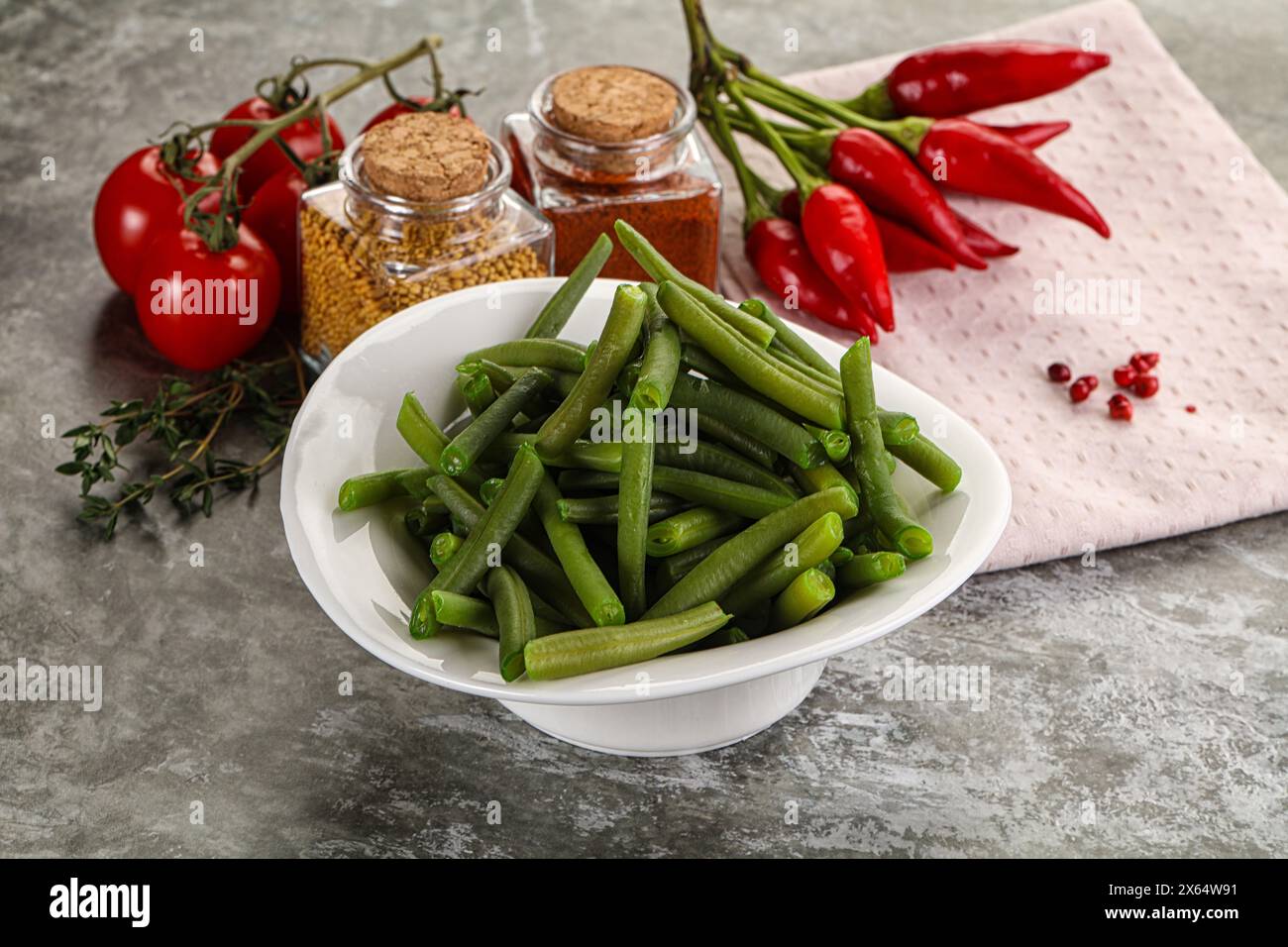 Vegan cuisine - boiled green bean snack Stock Photo - Alamy