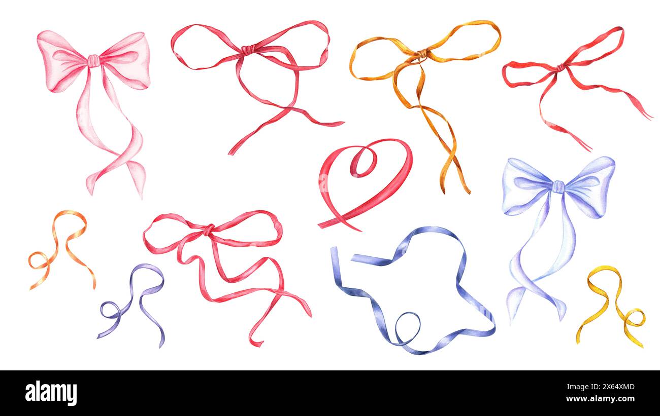 Set of colored bows with long ribbons. Fabric, textile tapes. Satin ...