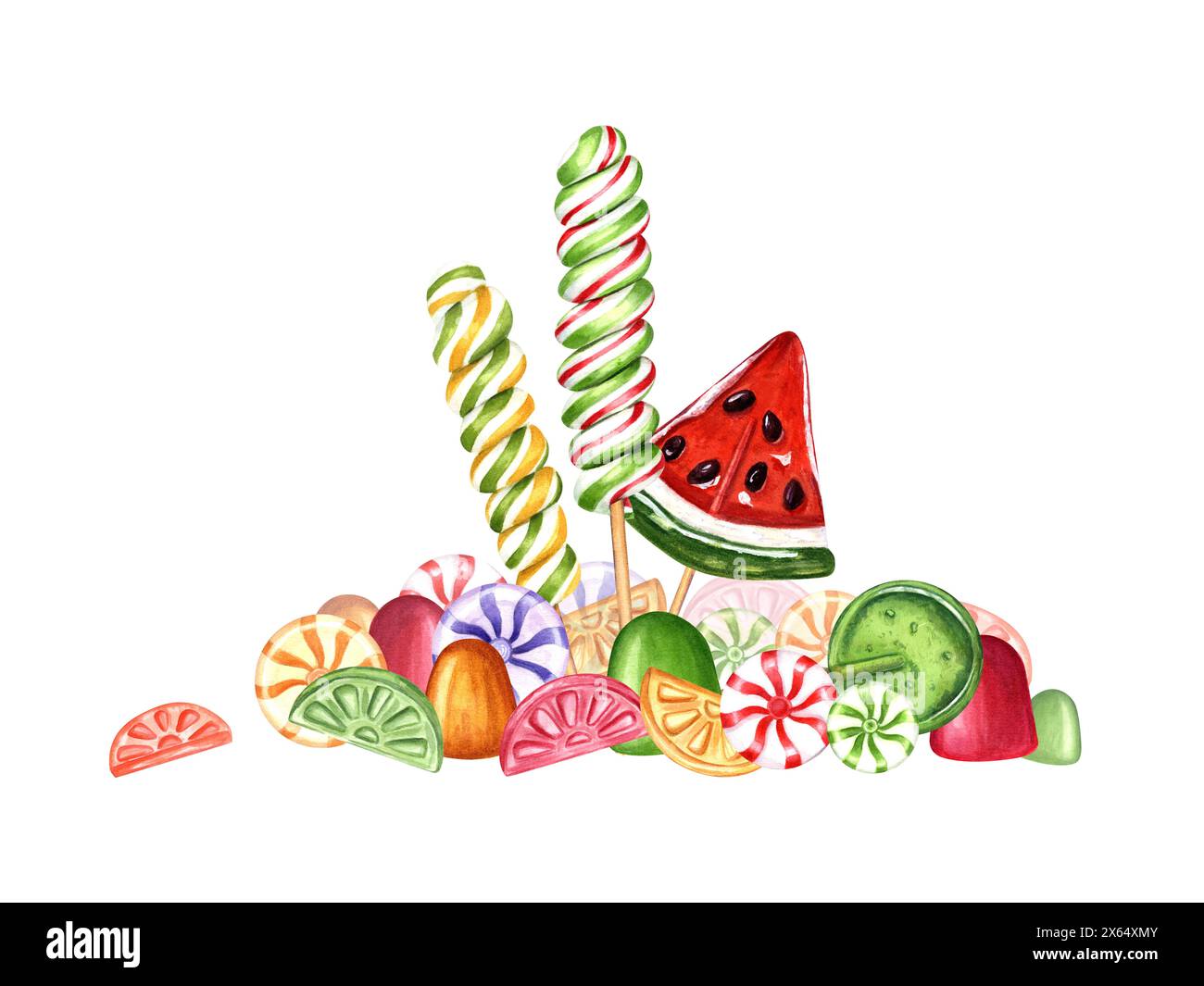 Mix colorful lollipop pile. Spiral lollipops, circle candies, bonbons ...