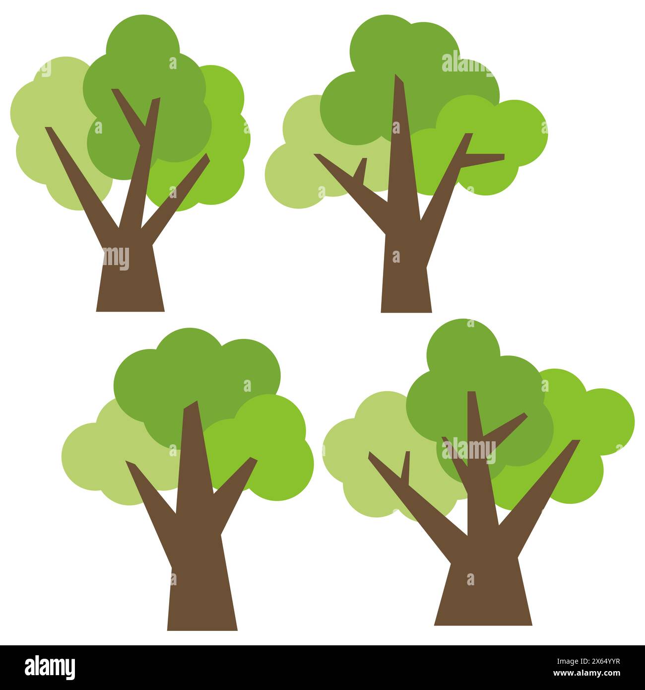 Set of four different cartoon green trees isolated on white background ...