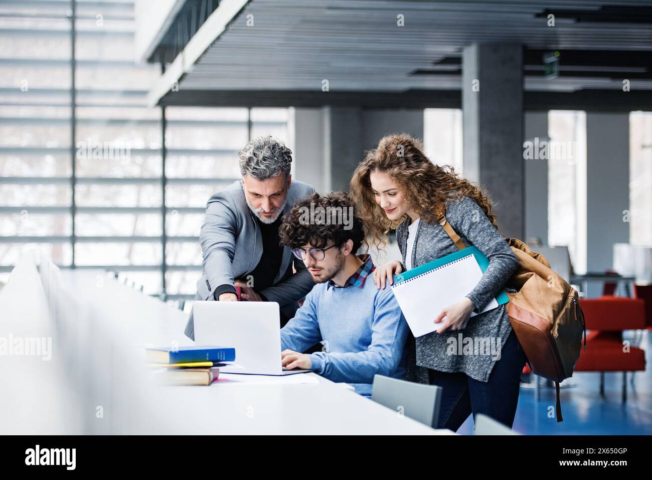 Handsome university professor helping students with their final project ...
