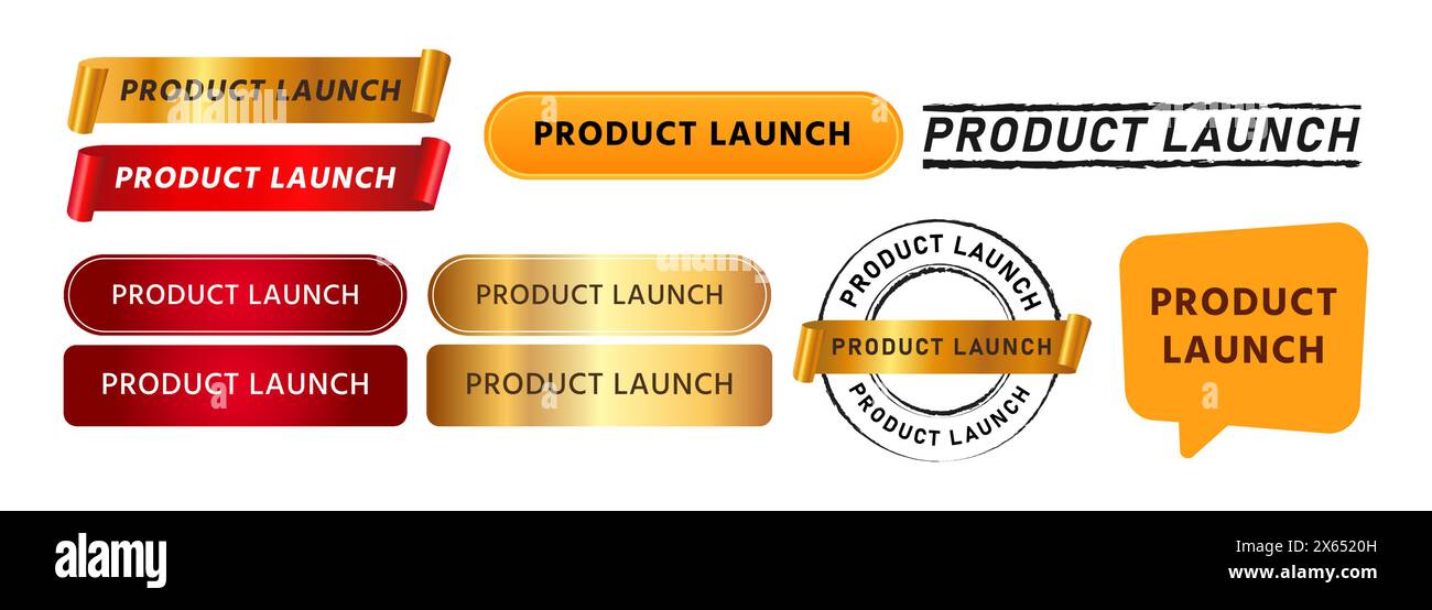 product launch rubber stamp speech bubble and ribbon label sticker sign ...