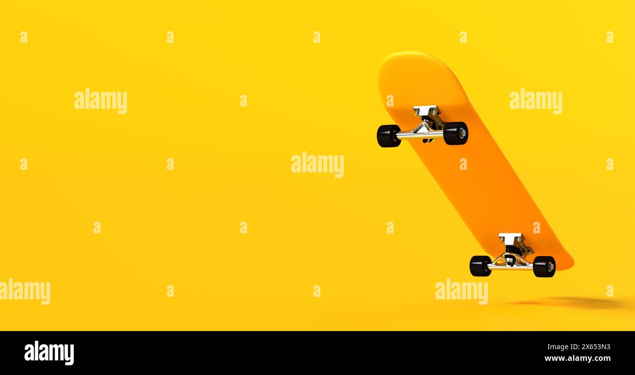 Yellow skateboard levitating on yellow background with copy space. 3D ...