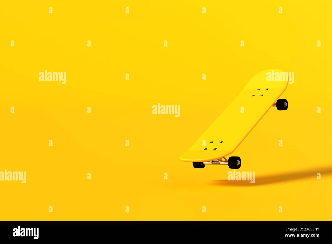Yellow skateboard levitating on yellow background with copy space. 3D ...