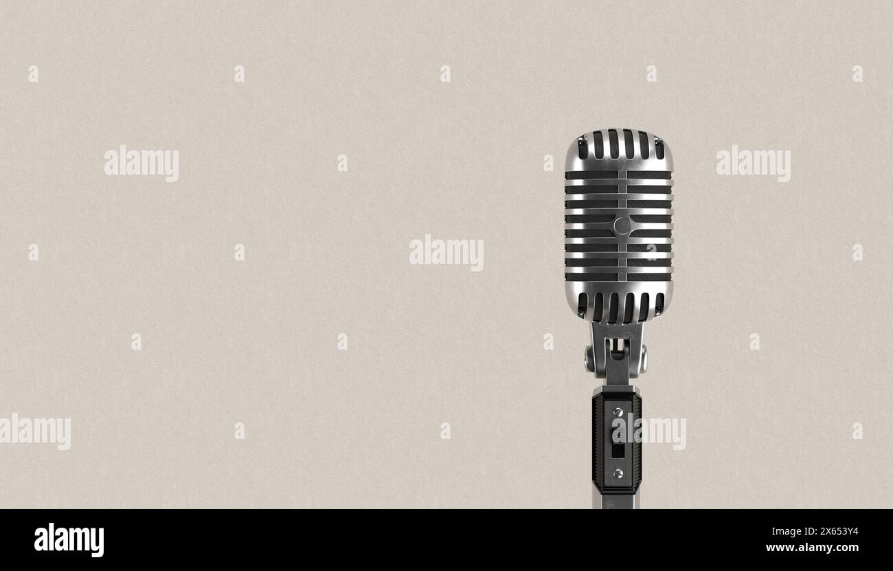 Retro style vintage microphone against white textured wall background ...