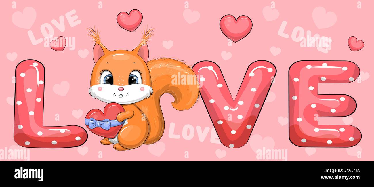 Word Love and cute cartoon squirrel with heart. Vector illustration of ...