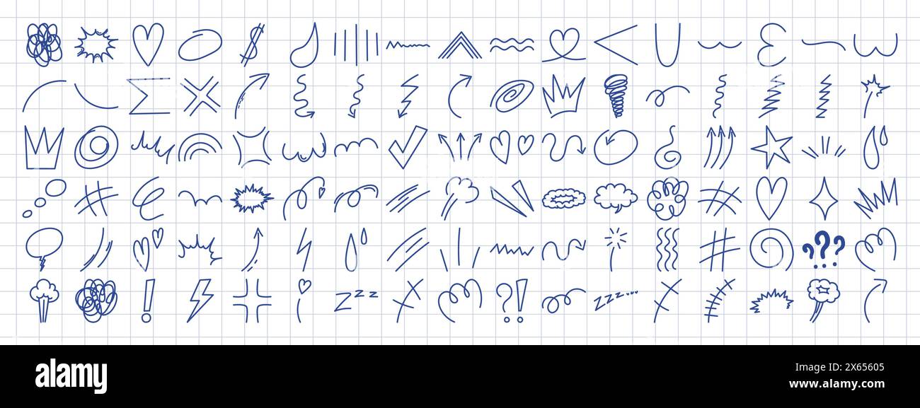 Hand drawn anime manga design elements on checkered sheet. Manga ...