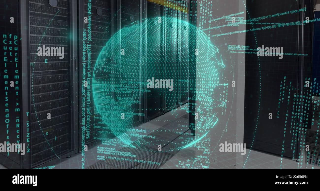 Image of data processing over spinning globe against computer server ...