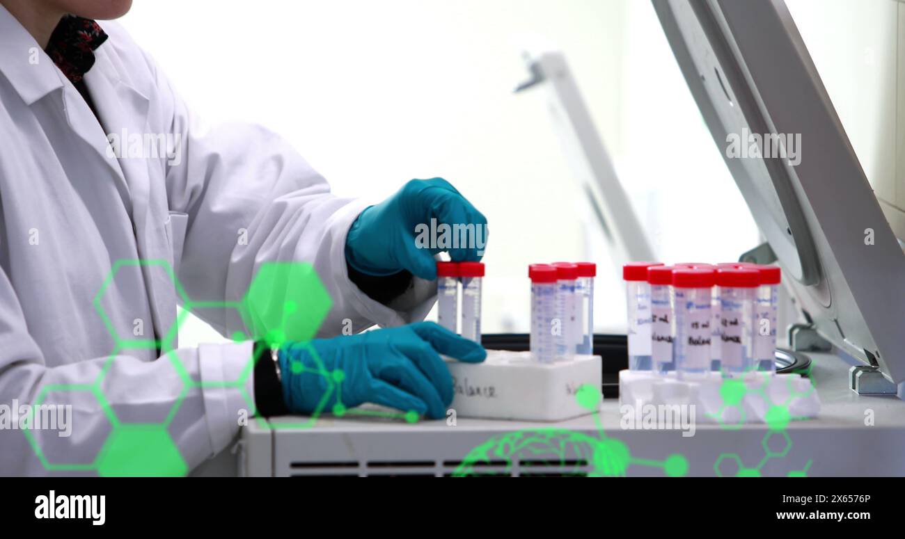 Image of chemical formulas and data processing over caucasian male lab ...