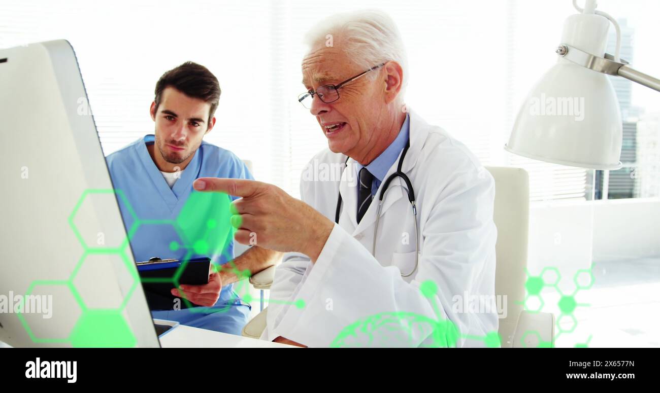 Image of chemical formulas and data processing over caucasian male ...