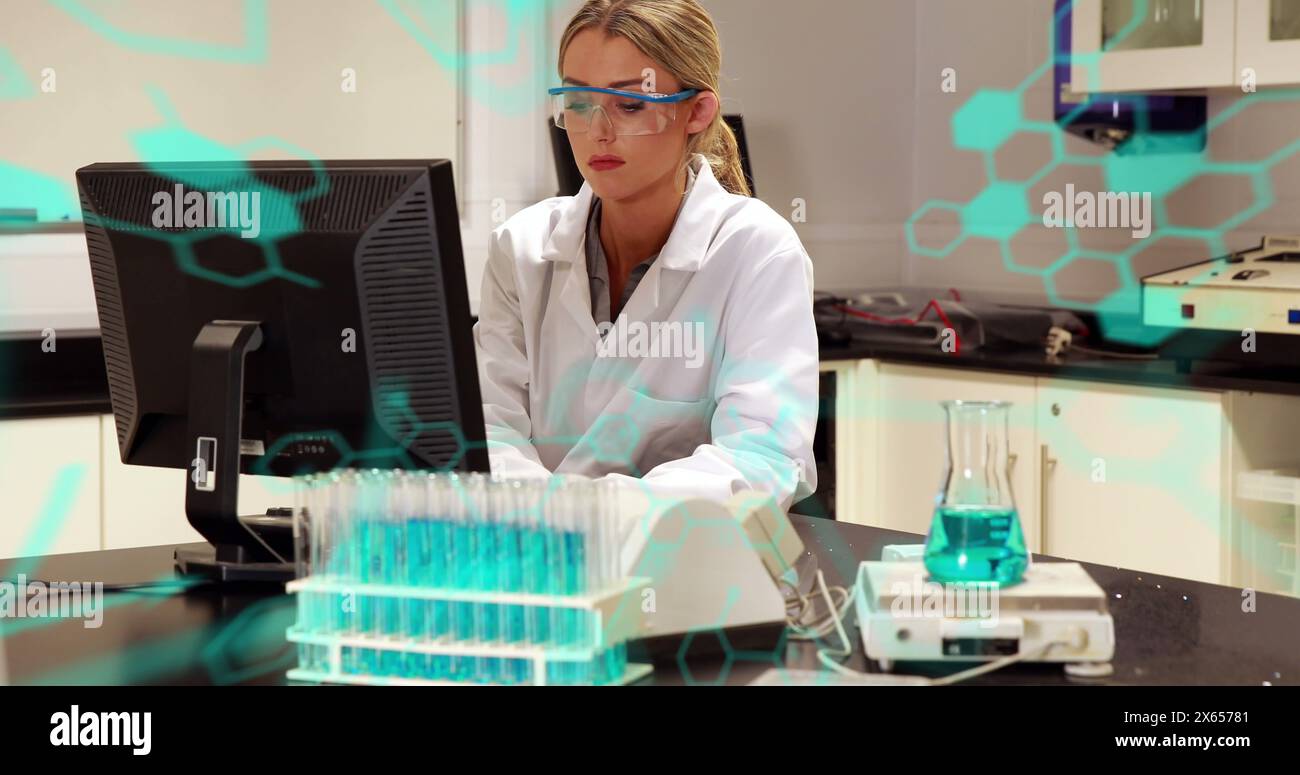 Image of chemical formulas and data processing over caucasian female lab worker using computer ...