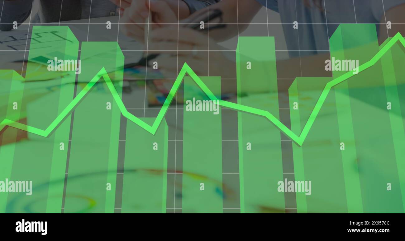 Image of financial data and graphs over hands of caucasian girl drawing ...