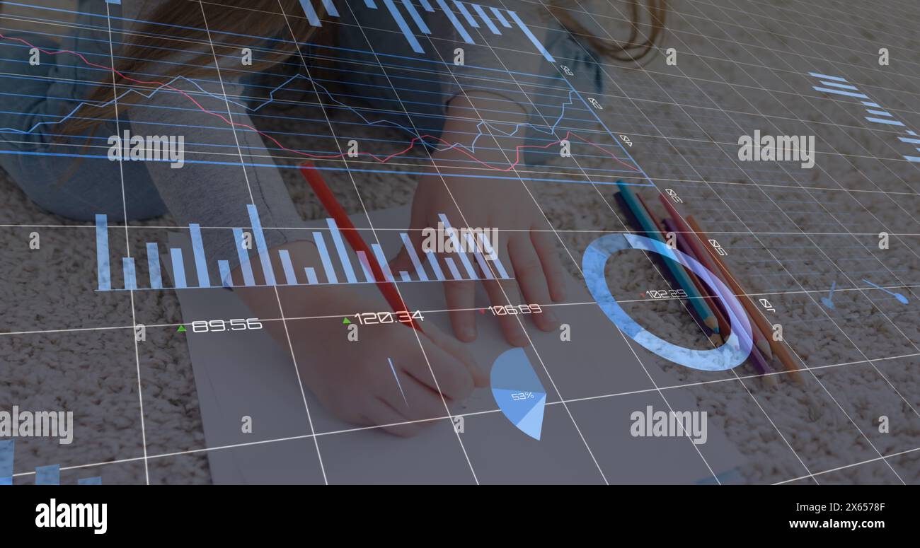 Image of financial data and graphs over hands of caucasian girl drawing ...