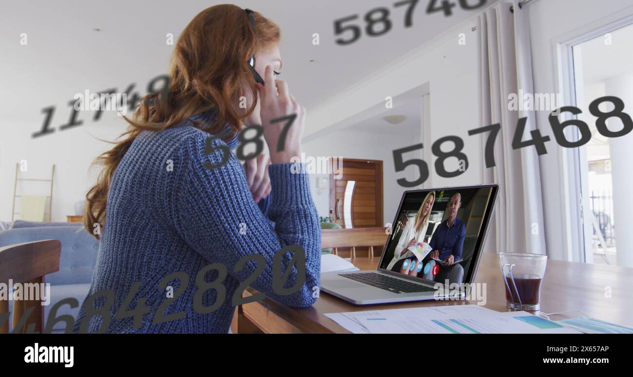 Image of data processing over caucasian woman working from home, having ...