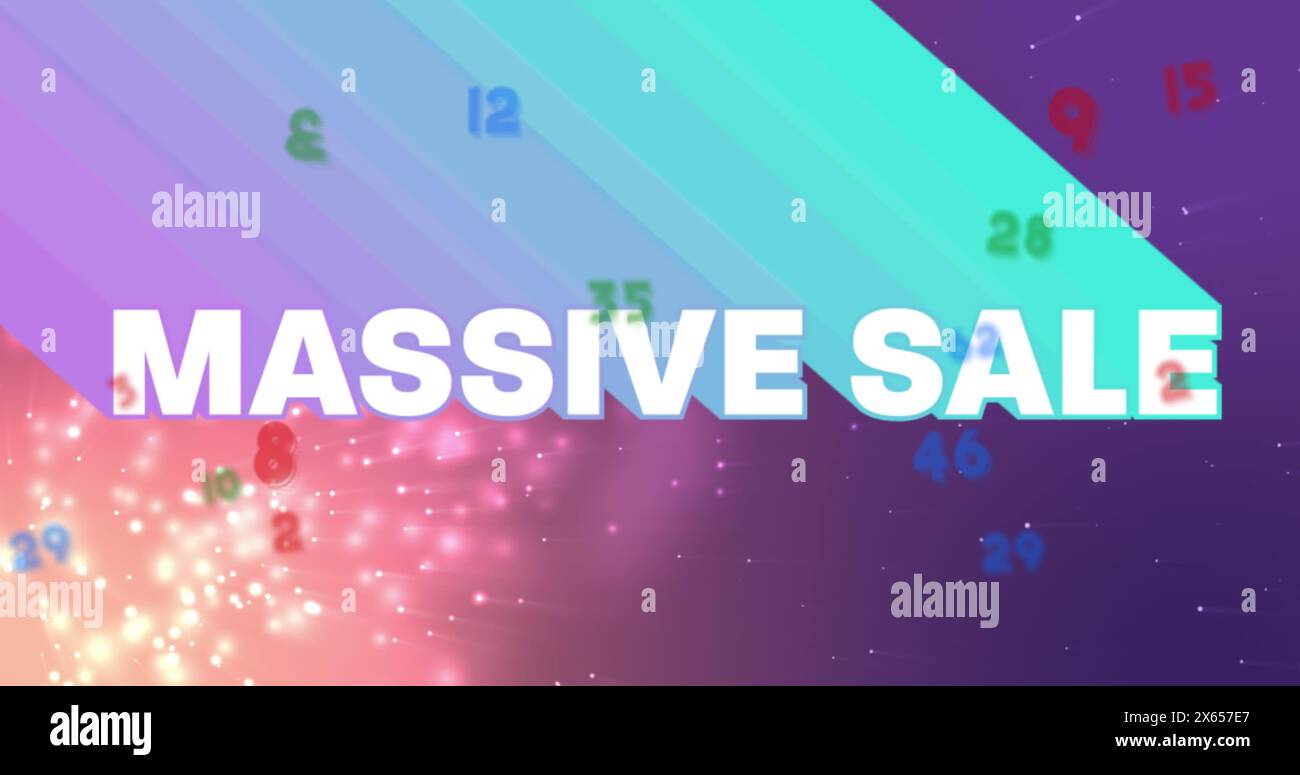 Image of massive sale, letters and numbers on multicoloured background ...