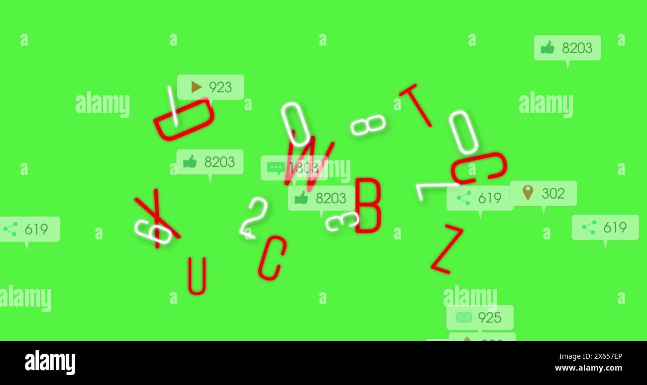 Image of social media reactions, letters and numbers on green ...