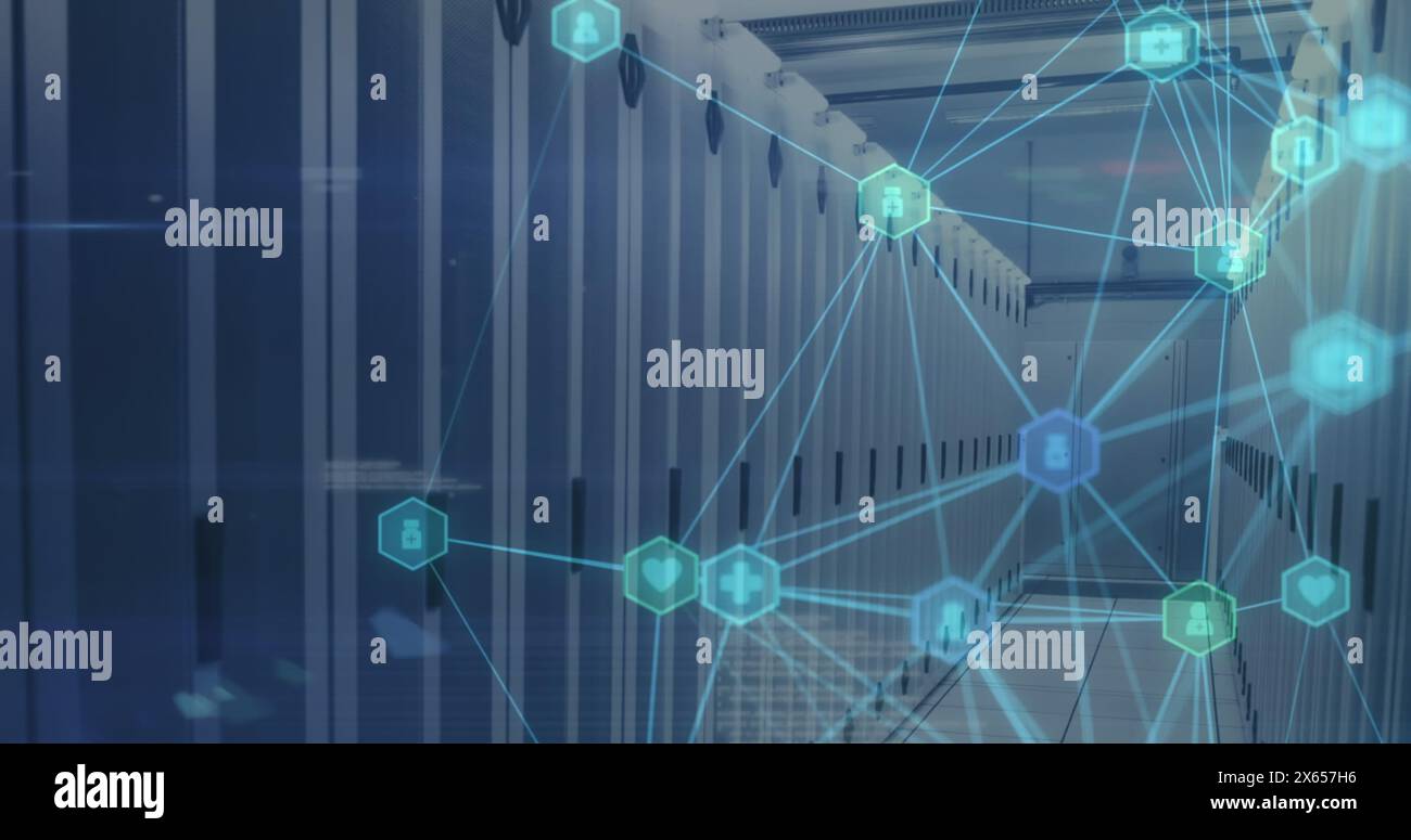 Network of digital icons floating against computer server room Stock Photo - Alamy