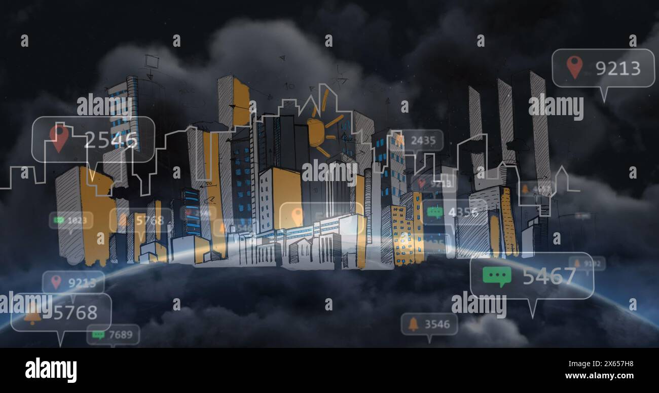 Image of falling social media icons over cityscape Stock Photo - Alamy