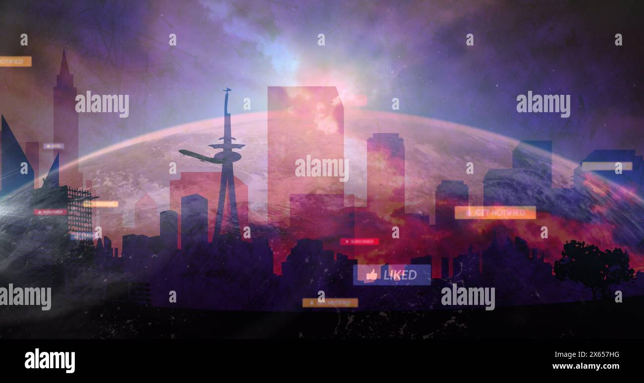 Image of falling social media icons over cityscape Stock Photo - Alamy