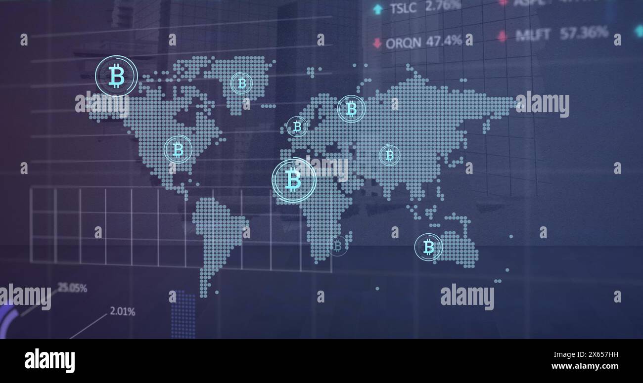 Image of world map and bitcoin signs over dark background Stock Photo ...