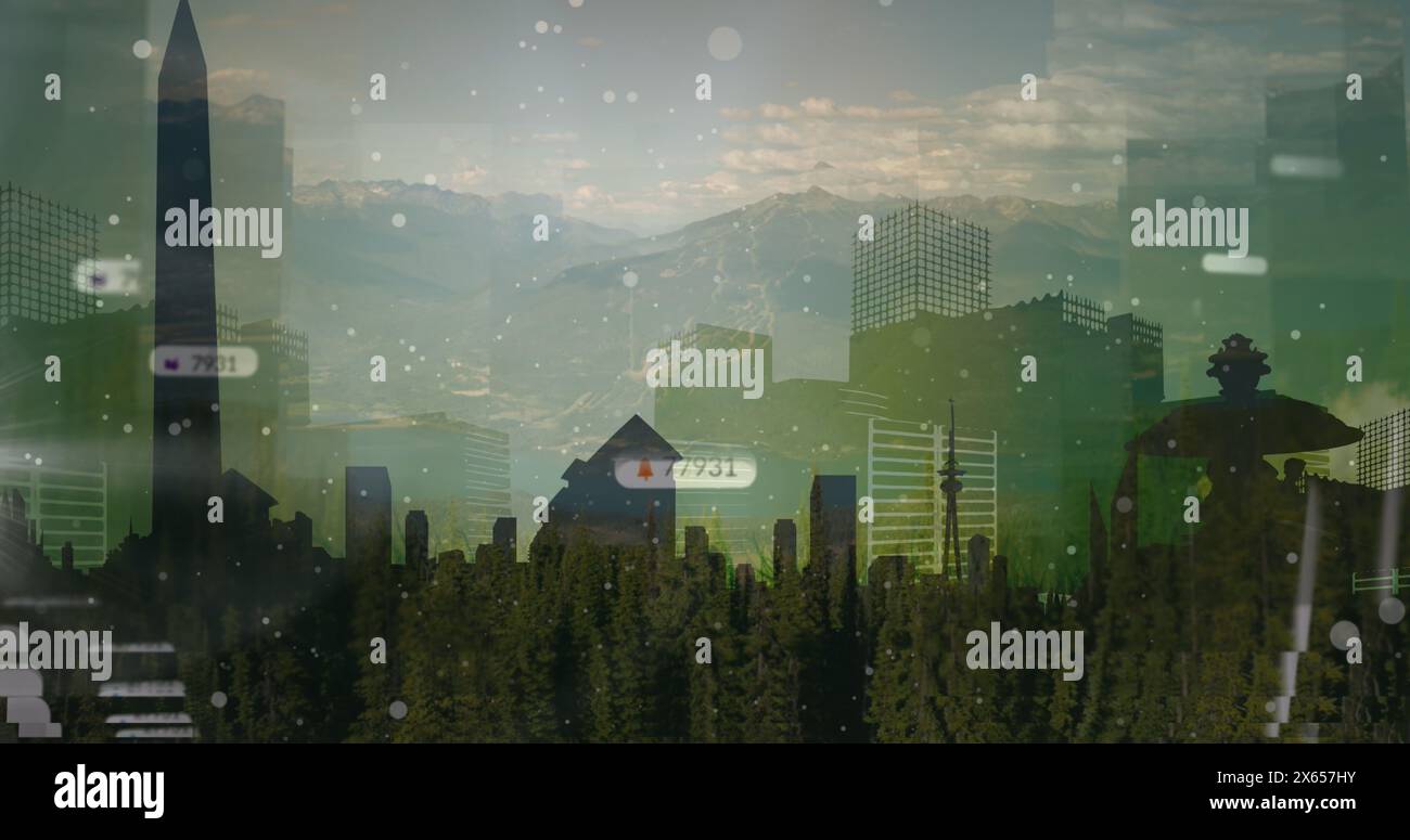 Image of falling social media icons over cityscape Stock Photo - Alamy