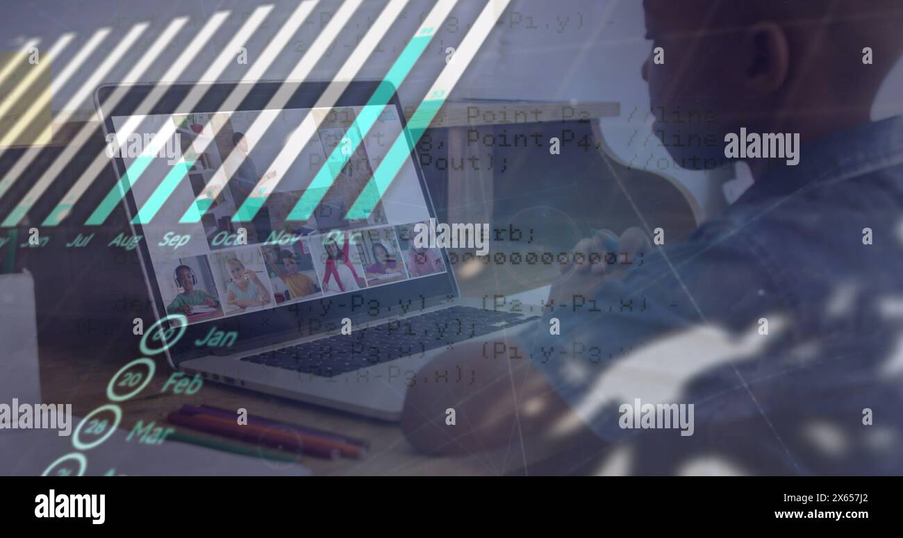 Image of graphs, globe and data over african american boy having online ...