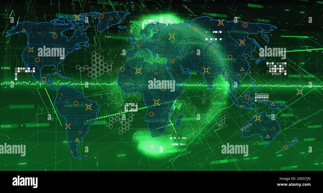 Image of icons, data, globe and world map on green background Stock ...