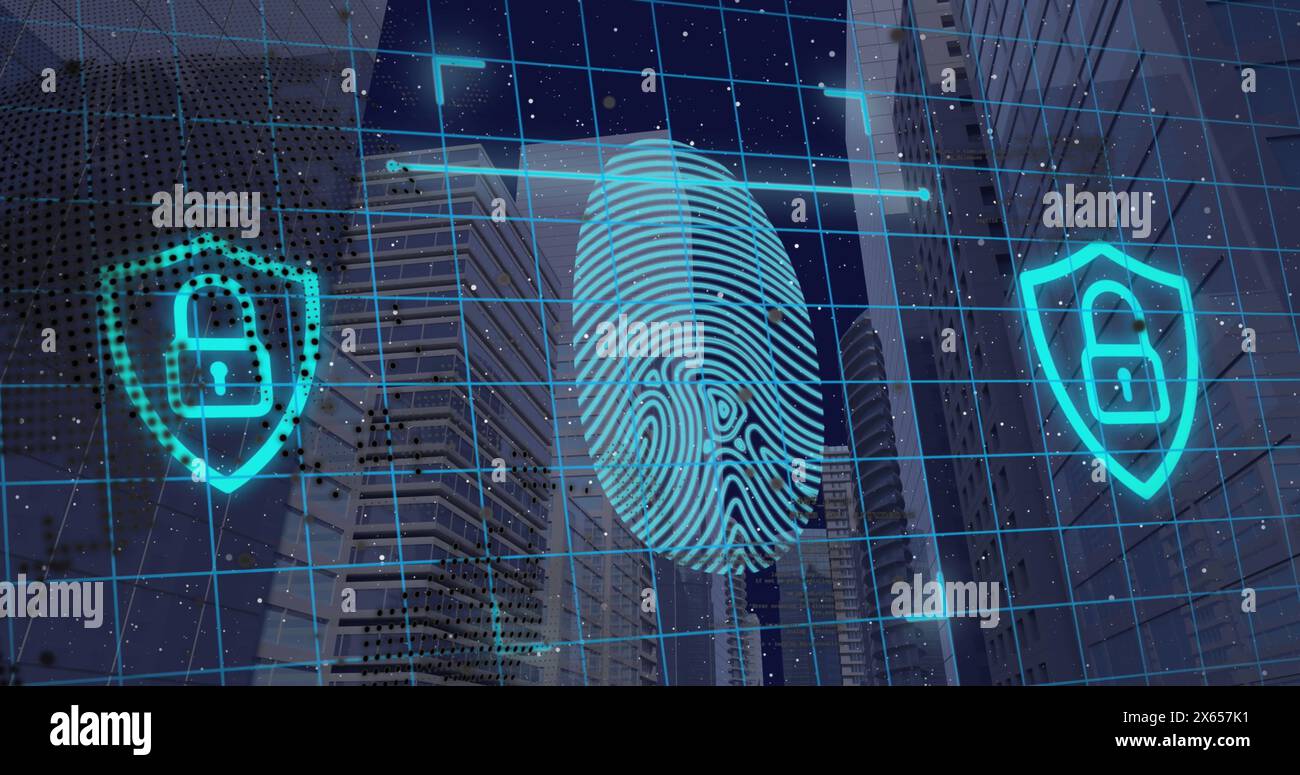 Image of fingerprint scanning over office buildings Stock Photo - Alamy