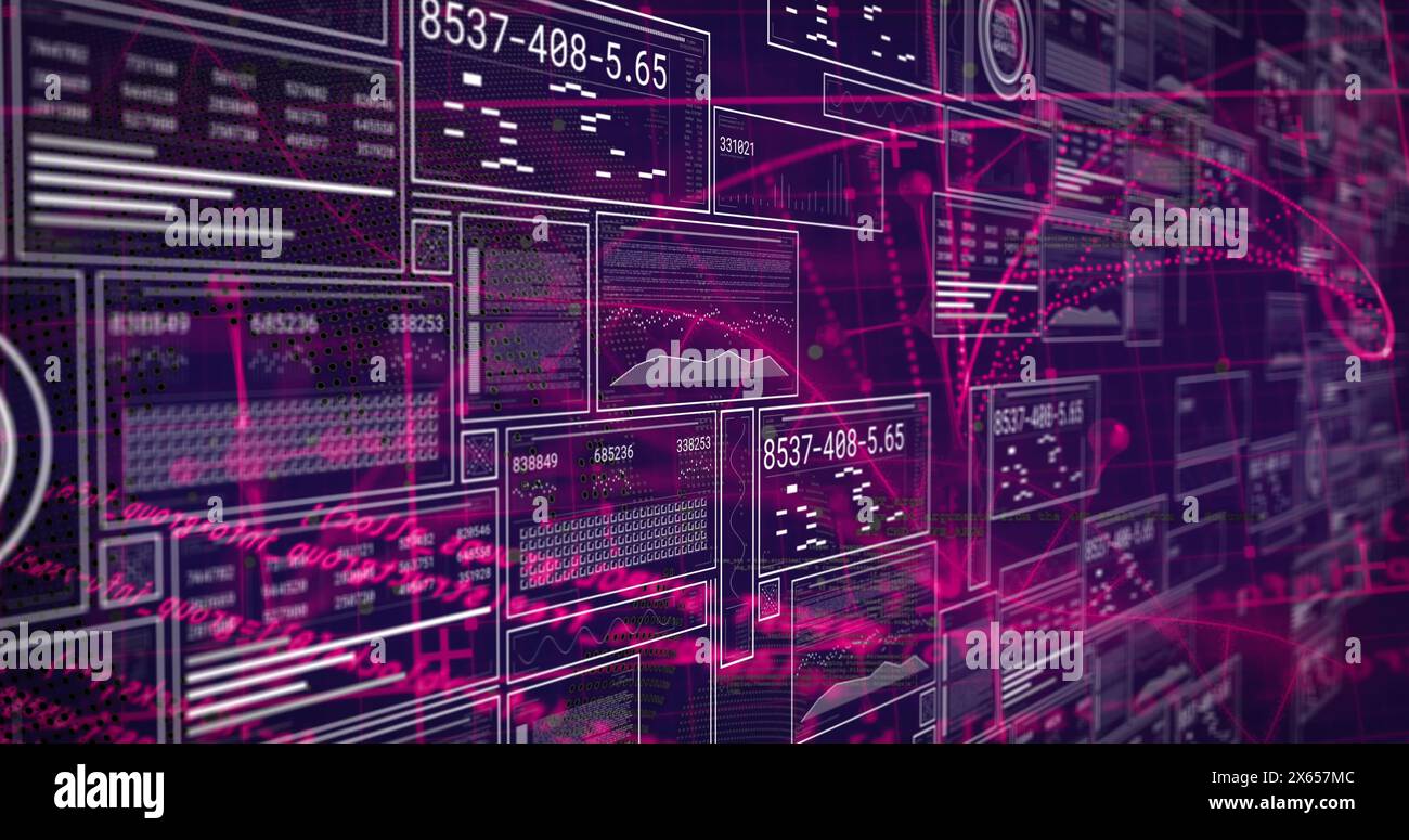 Image of digital interface screens with charts, graphs and data over abstract background Stock ...