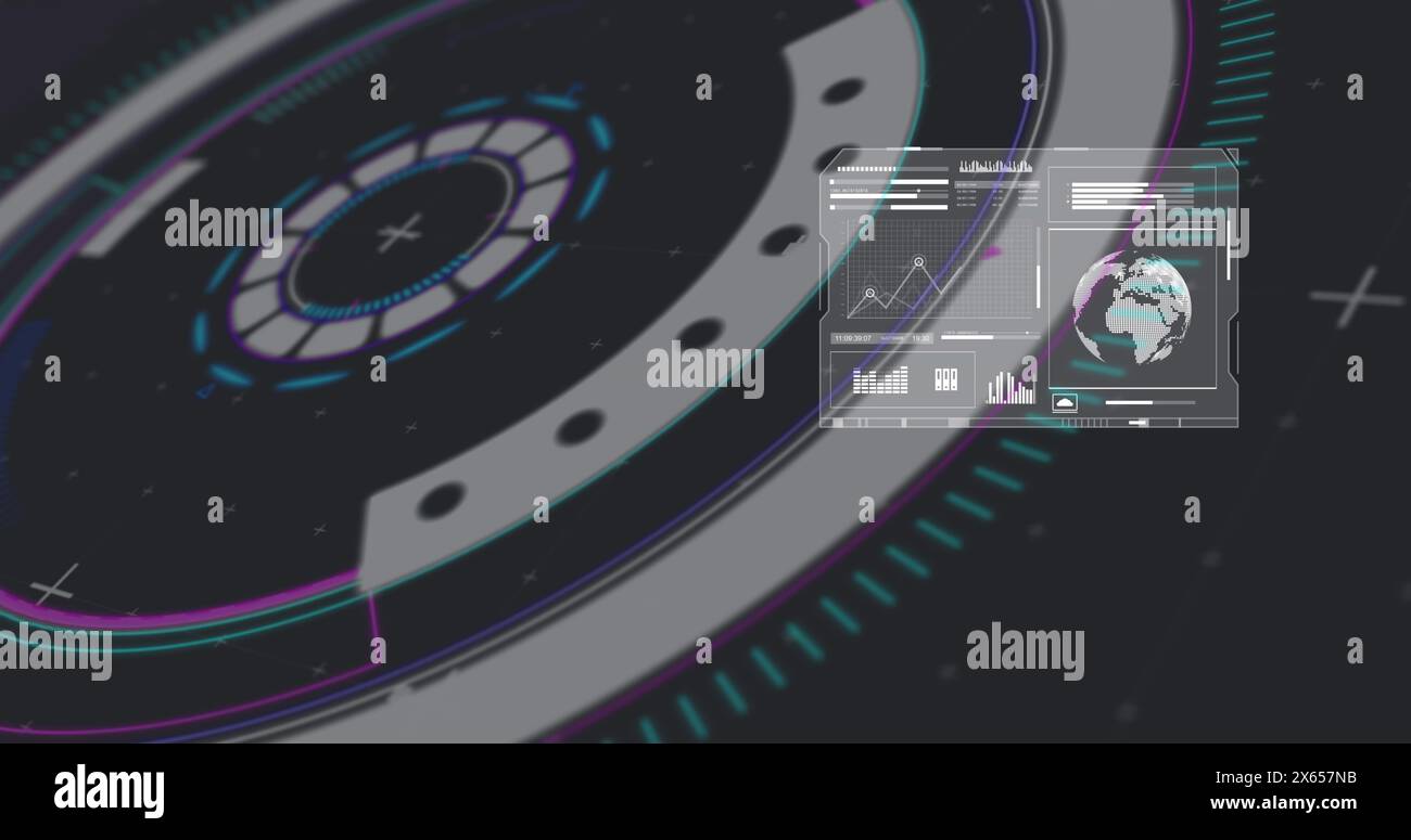 Image of multiple interface screens processing data over circular scanner on black background ...