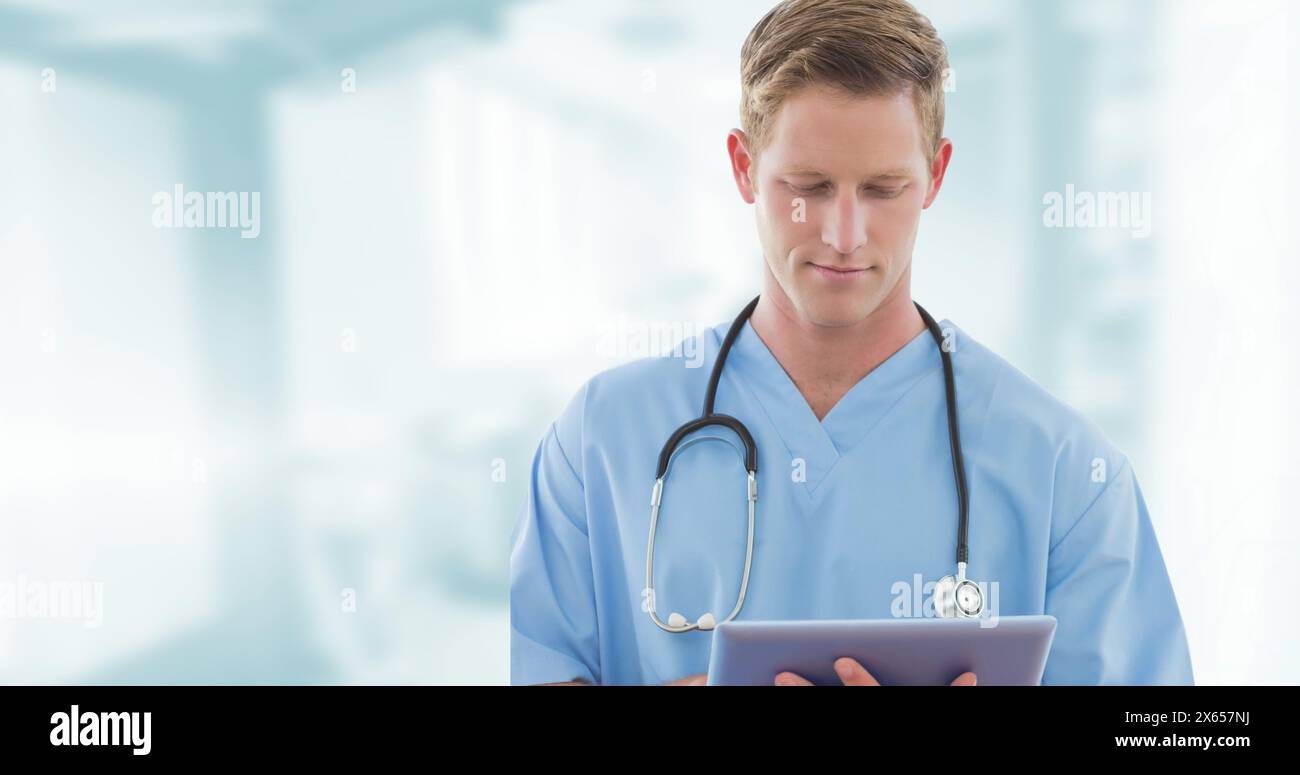 Composition of smiling female doctor in lab coat with stethoscope with ...